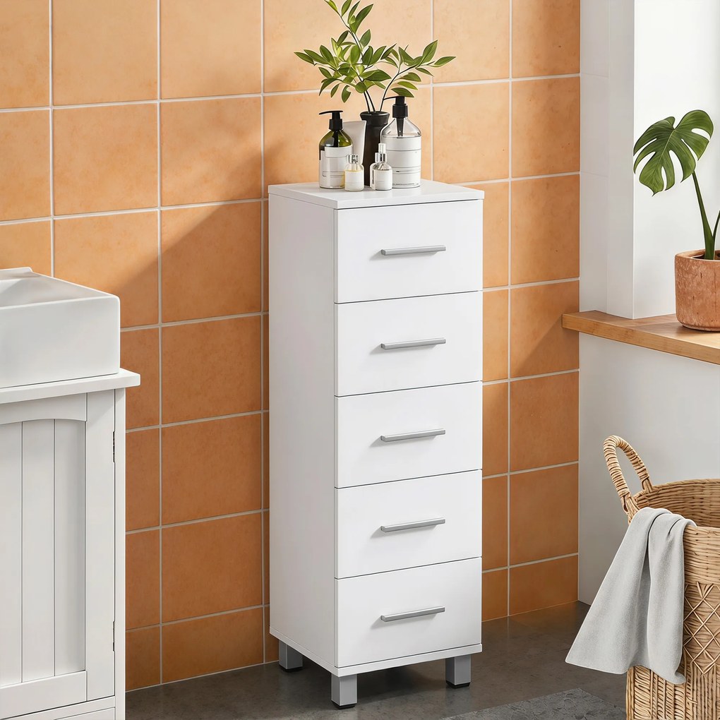 HOMCOM komoda s 5 zásuvkami, úzká moderní úložná skříň do ložnice, předsíně nebo obývacího pokoje, 30 x 95 cm, bílá