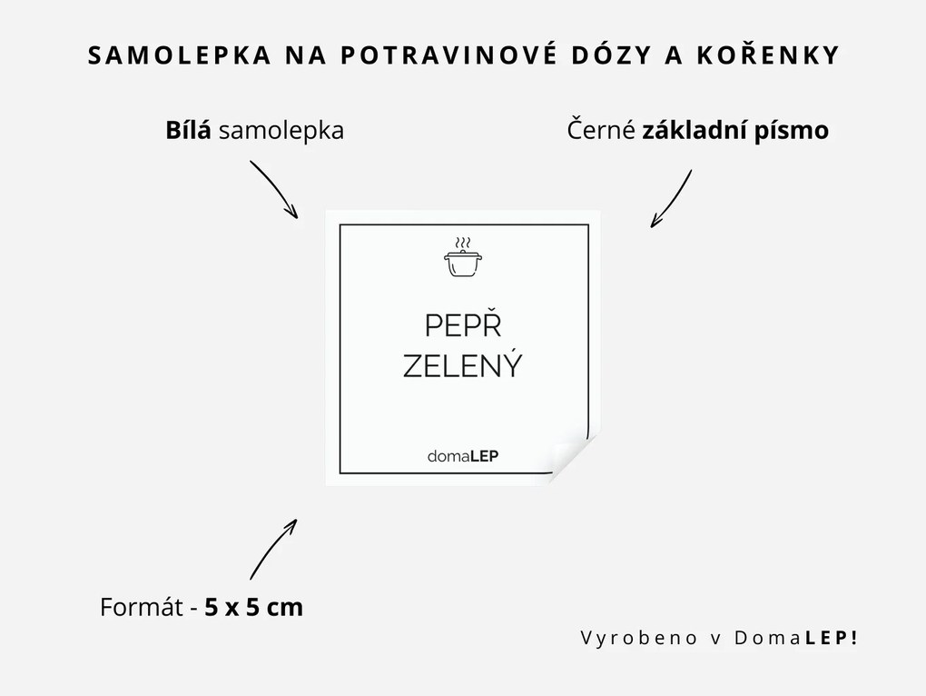 PEPŘ ZELENÝ - omyvatelná samolepka na kořenky, výběr rozměrů Ø 5 cm / 5 x 5 cm / 6 x 8 cm | DomaLEP tvar: KOLEČKO, barva: BÍLÁ - ČERNÉ písmo, velikost: Ø 5 cm - základní písmo