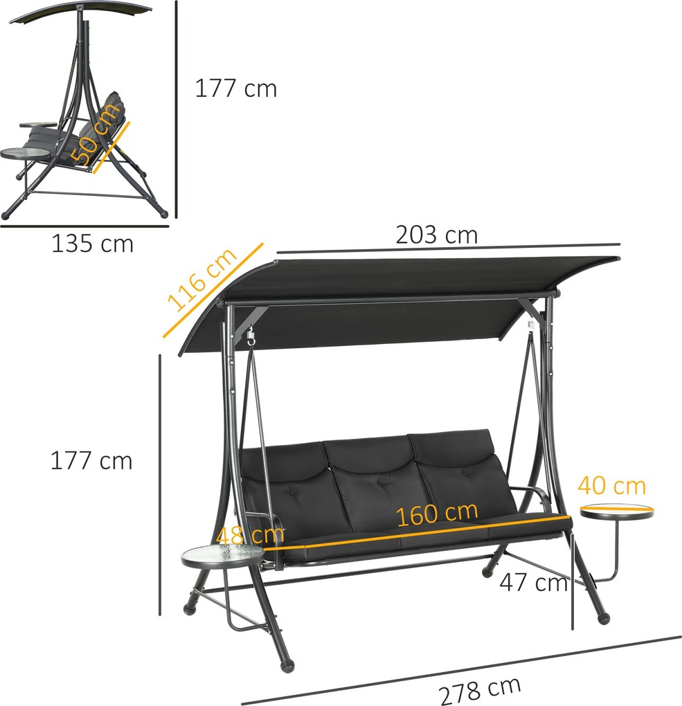 Hollywoodská houpačka, houpací lavice, 3místná zahradní houpačka s nastavitelnou stříškou, 278 x 135 x 177 cm, černá barva