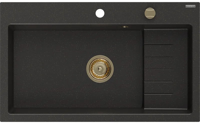 Mexen Omar, 1-komorový granitový dřez 800x480x210 mm, černá-zlatá metalíza, zlatý sifon, 6520801005-75-G