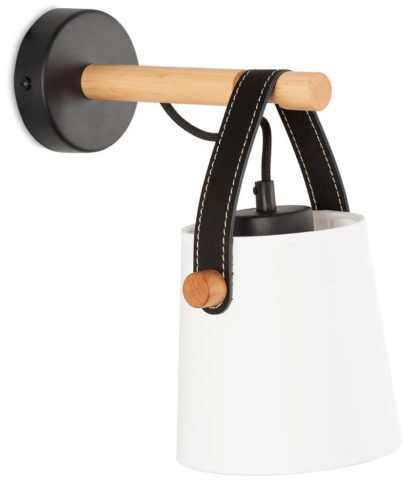 Light for home - Nástěnné svítidlo s koženým řemínkem a stínítkem v bílém provedení 60201 "RIONI", 1x40W, E27, černá, přírodní olše, černá kůže