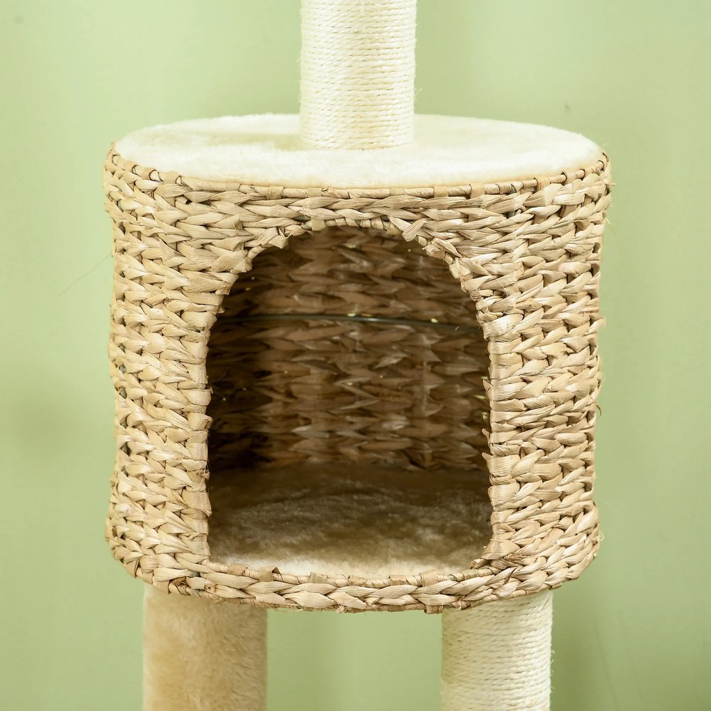 PawHut sisalové škrabadlo pro velké kočky 45x40x116cm s ochranou proti převrácení kočičí jeskyně plošina na hraní plyšová béžová do 20 kg