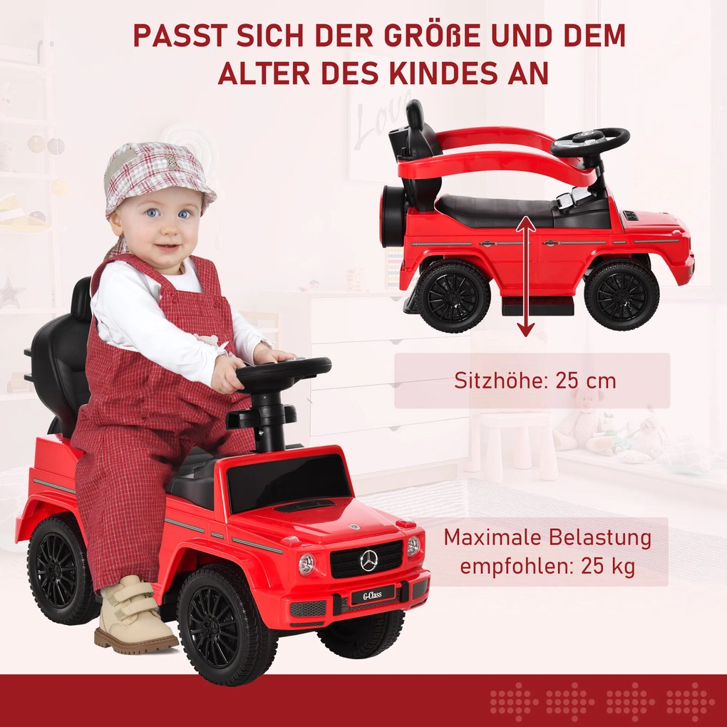 HOMCOM Posuvné autíčko s odrážedlem Mercedes-Benz G350 posuvné autíčko s volantem 3 v 1 pro děti 18-36 měsíců červené
