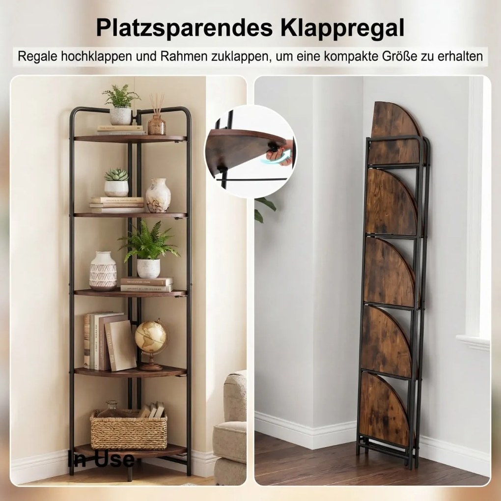 Costway 5Patrový rohový regál s kovovým rámem, výklopná knihovna, průmyslová