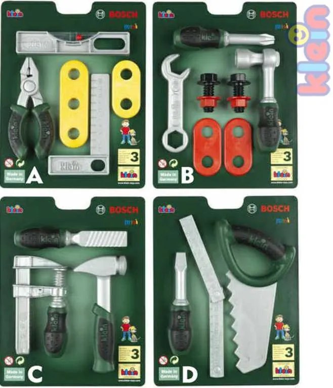 KLEIN Set plastové dětské nářádí na kartě BOSCH 4 druhy 238007