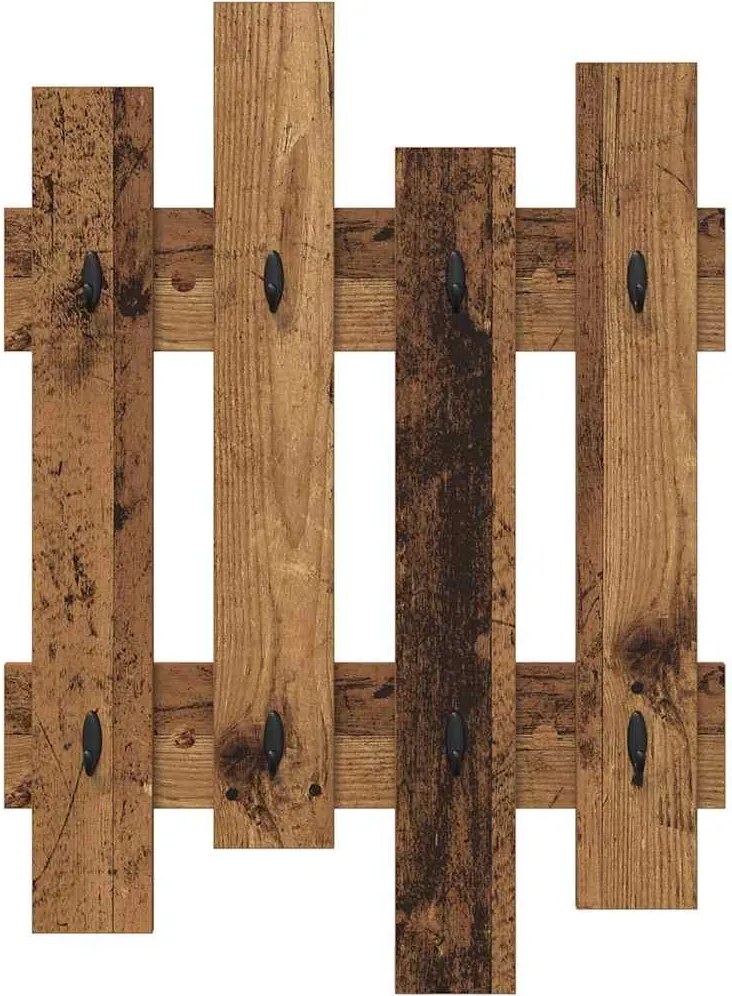 věšák, nástěnný, 4 prkna, háčky, kompozitní dřevo, 82x60x3 cm, staré dřevo, Dekorino TK20260008