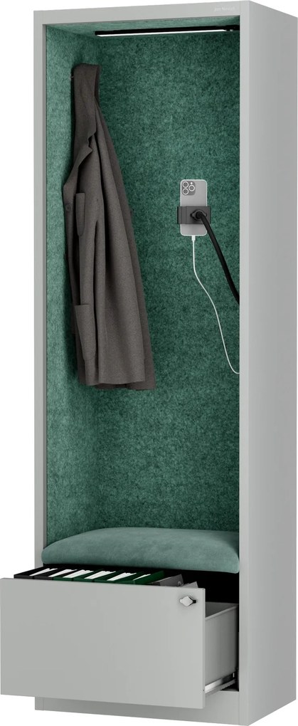 Kancelářská akustická kabina se sedátkem a USB-C portem, korpus šedý / sedák zelený, 600 mm: SALLY MentalBox