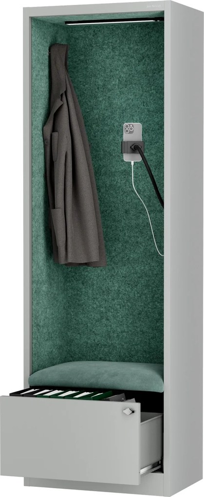Skříň se sedákem a zónou ticha SALLY MentalBox, šedá konstrukce, zelený sedák, 1850 x 600 x 400 mm