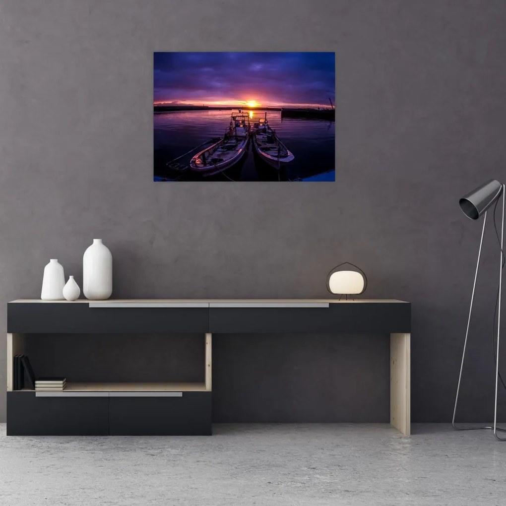 Skleněný obraz rybářských lodí v přístavu (70x50 cm)