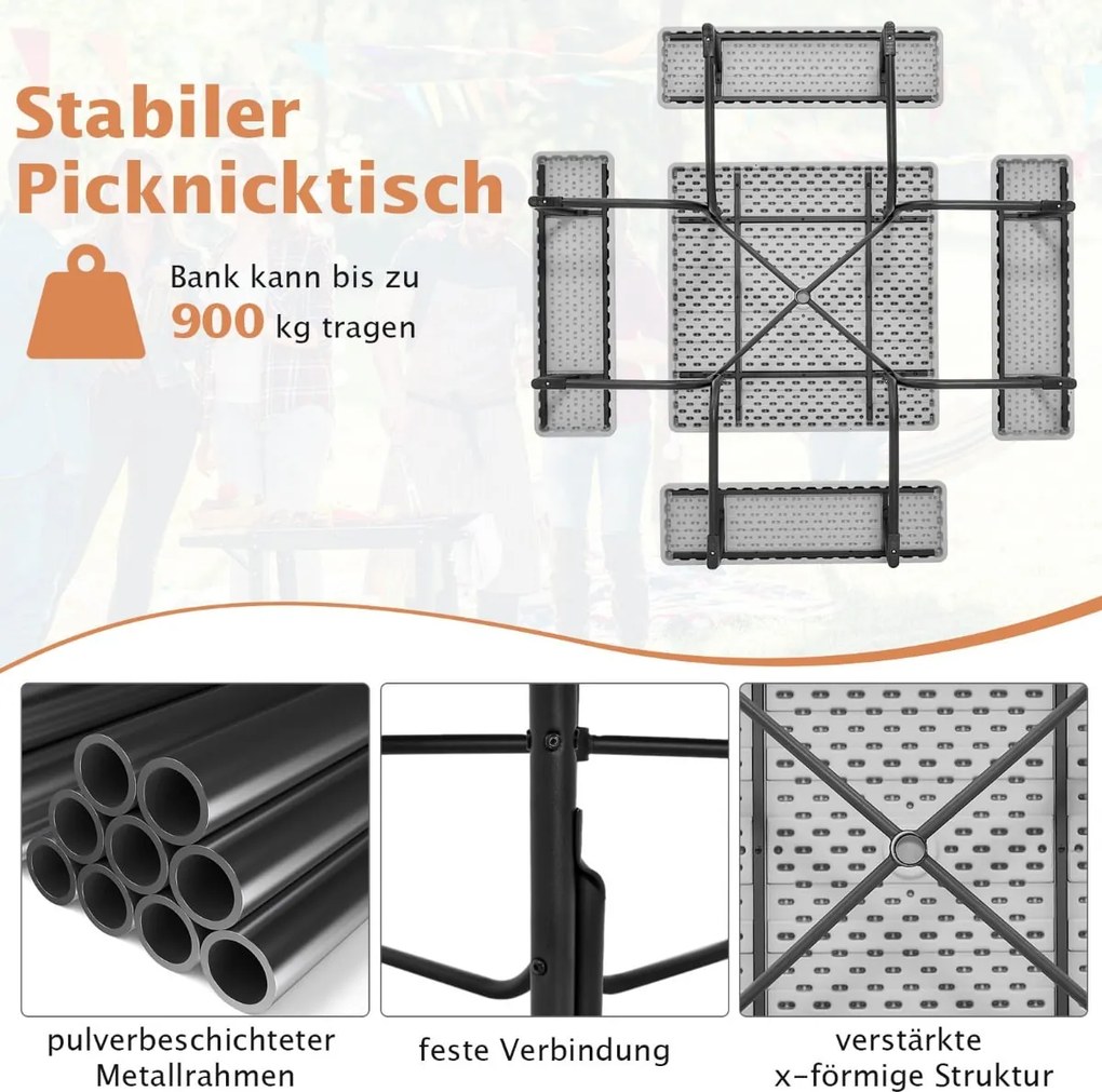 Costway Kulatý piknikový stůl s 4 lavicemi a otvorem na deštník pro 8 – šedá