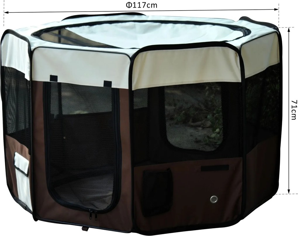 PawHut Skládací osmiúhelníkový výběh pro kočky a malé zvířata z oxfordské látky a oceli - rozměry Ø 117 x 76H cm - béžovo-hnědý