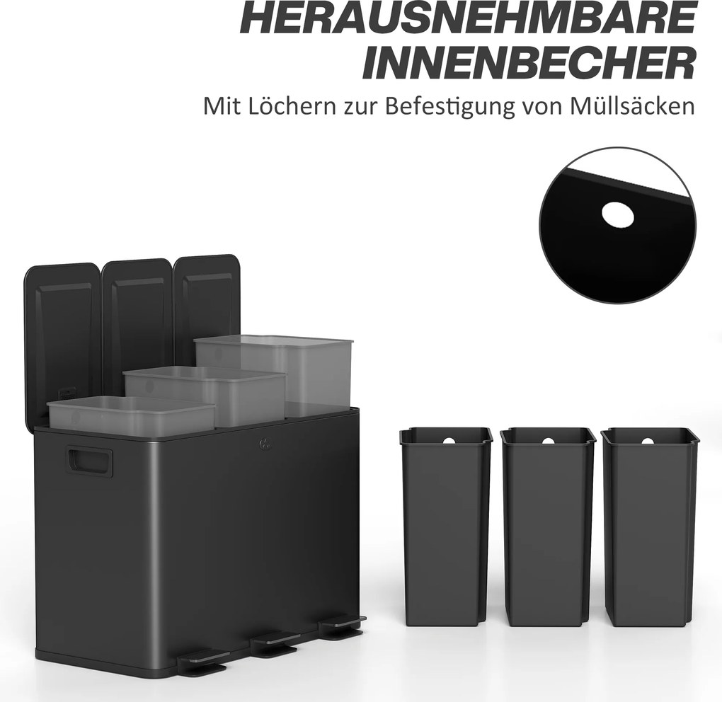 Odpadkový koš s přihrádkami 3 x 20 l, víko s deodorantem, odolné proti otiskům prstů, měkké zavírání, vyjímatelné, černé provedení
