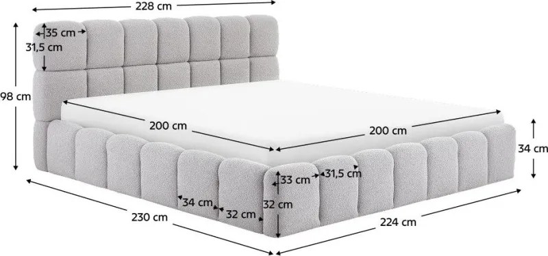 Postel s kovovým roštem a úložným prostorem, 200x200, šedá, SORELA Kondela 0000414042