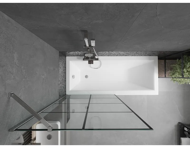 Mexen Next, vanová zástěna 1-křídlová 100 x 150 cm, fixní křídlo, 6 mm čiré sklo s černým vzorem, chromový profil, 895-100-000-00-77-01