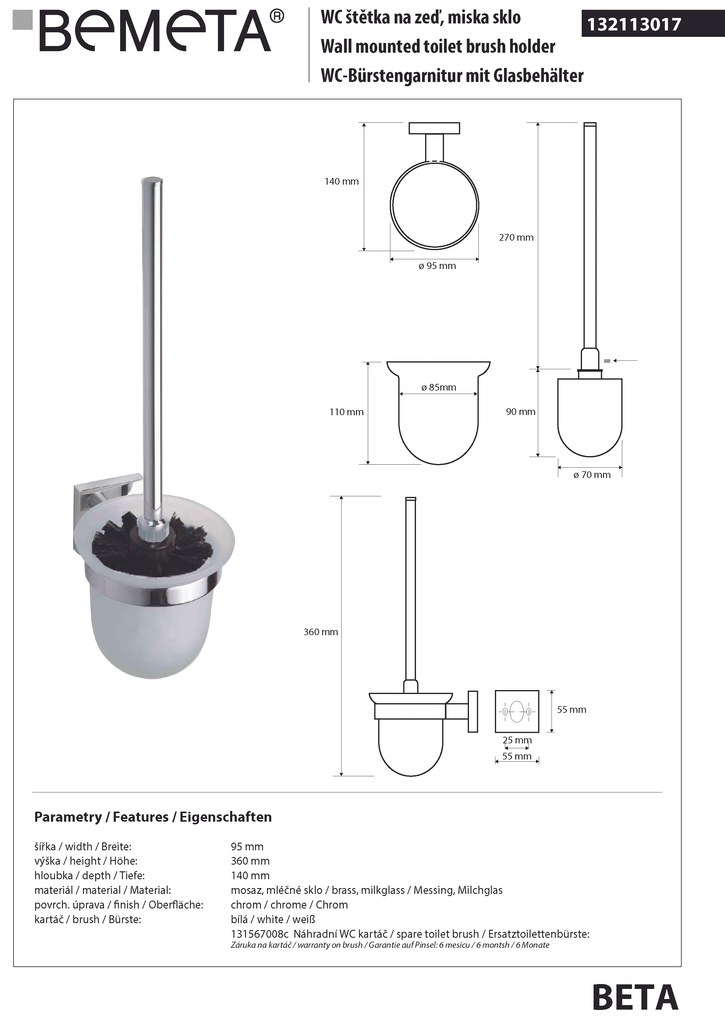 Bemeta Design BETA: WC štětka, na pověšení, sklo - 132113017