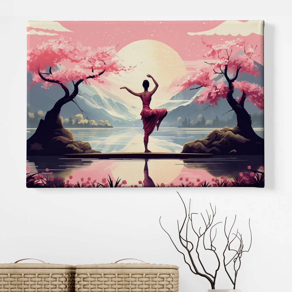 Obraz na plátně - BALANC, žena stojící mezi sakurami, Japonsko FeelHappy.cz Velikost obrazu: 150 x 100 cm