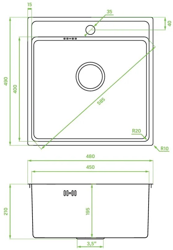 Laveo Besos, 1-komorový nerezový dřez 480x490x210 mm, ocelová, LAV-SLB_210T