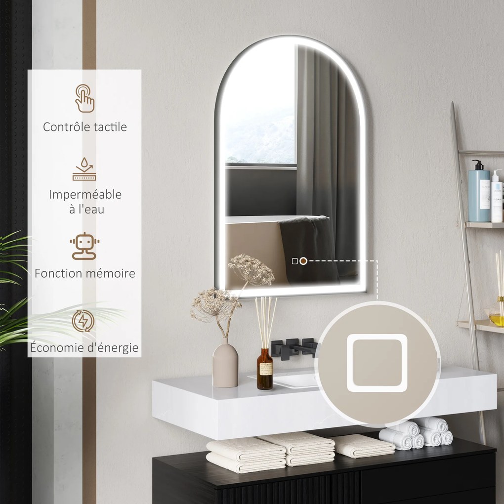 HOMCOM LED koupelnové zrcadlo 90 x 60 cm, nástěnné, 3 barvy, obloukový tvar, hliníkový rám, proti zamlžení a dotykový spínač