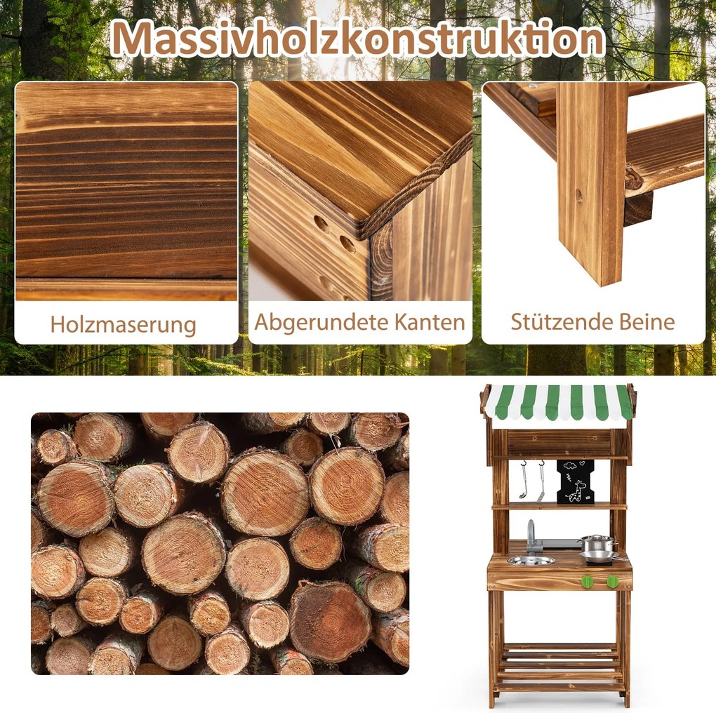 Costway Dětská hliněná kuchyňka se střechou a tabulí a dřezem a kohoutkem.