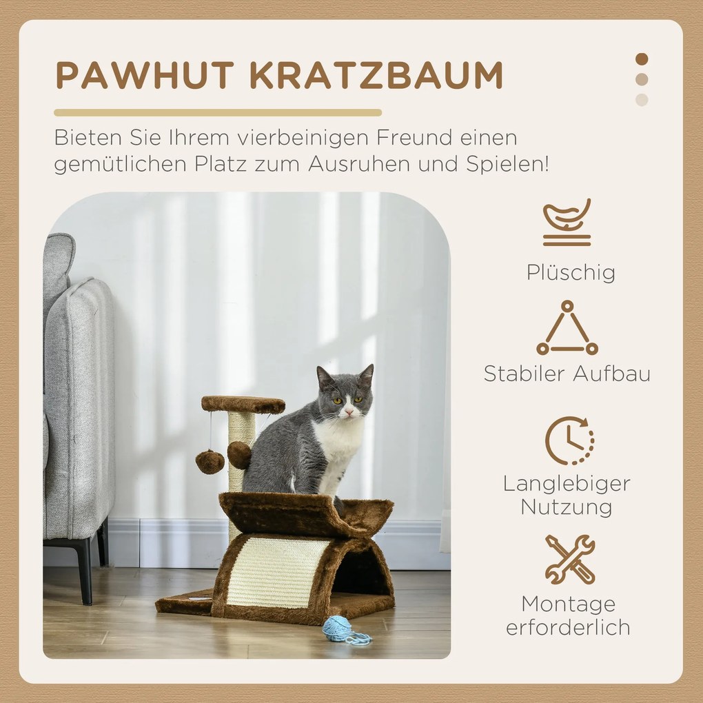 PawHut Malý Škrábací Stromek pro Kočky s Hračkou Hnědý L40 x Š30 x V43 cm