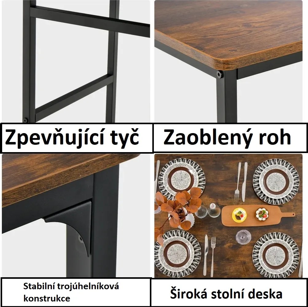 Costway Jídelní sestava 4-dílná rustikální (1 stůl, 1 lavice, 2 židle), černo-hnědá KC59325CF