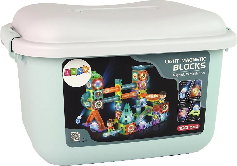 LEAN Toys Svítící skluzavka na kuličky, magnetické kostky v krabici, 150 dílů