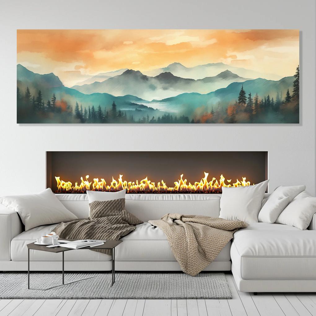 Obraz na plátně - Východ slunce v mlhou zahalených horách FeelHappy.cz Velikost obrazu: 60 x 20 cm