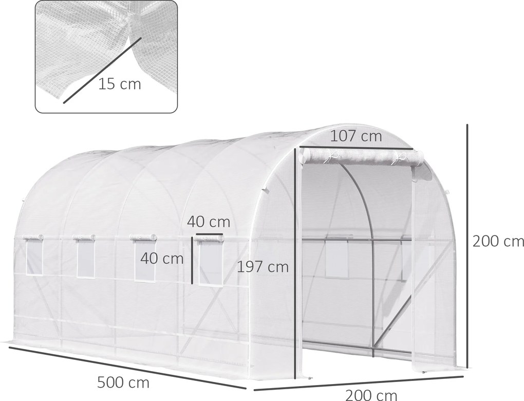 Zahradní tunelová skleník Outsunny s 8 okny a rolovacími dveřmi, kovový rám a polyethylenový kryt, 5x2x2m, bílý