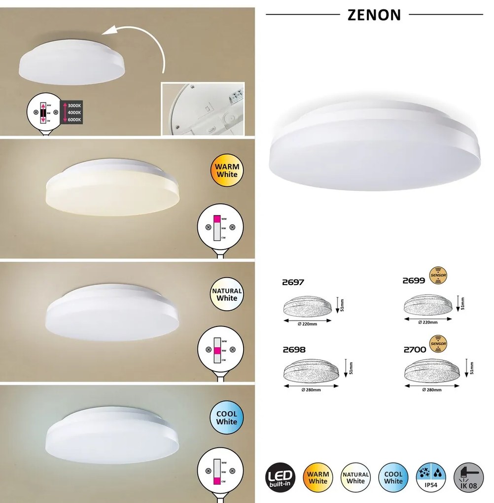 Rabalux LED stropní svítidlo ZENON 24W | 2400lm | 3000-4000-6000K | IP54 | 28cm - kruhové bílé