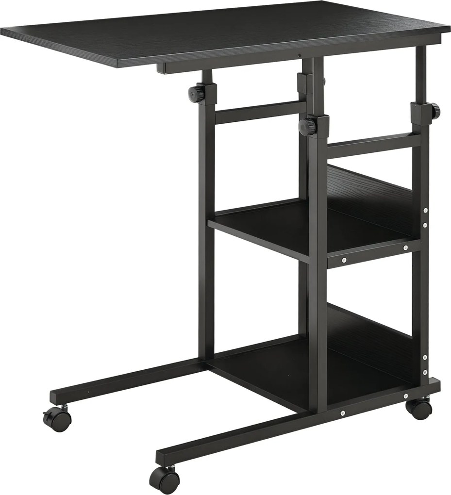 HOMCOM Stolek se Společkami 80x40 cm C-Formovaný Pohovkový Stolek s Nastavitelnou Výškou 3 Úrovně 72-82 cm Kovový Rám pro Obývací Pokoj a Kuchyni Čern