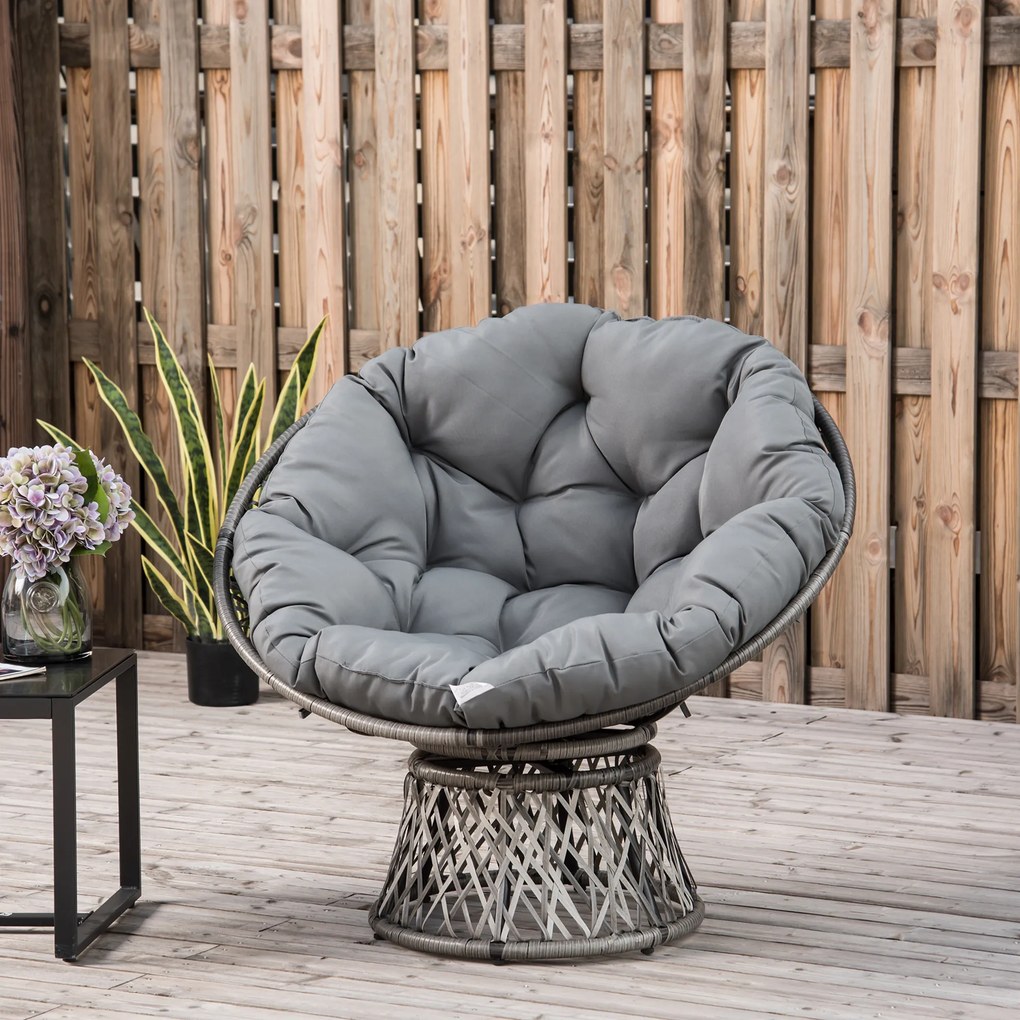 Outsunny Synthetic Rattan Otáčecí Papasan Křeslo Oválné Wicker PE Křeslo s Polštářem a Ocelovým Rámem Nosnost 160 kg pro Zahradu, Patio, Terasu 87x97…