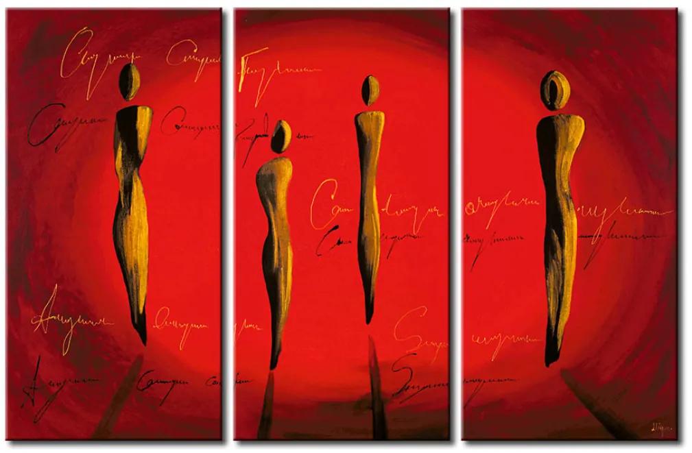 Obraz Abstrakce s červeným (3 díly) - siluety postav s nápisy