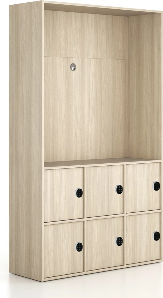 Kancelářská skříň FRAME, 6x dveře, prostor pro TV, 1299 x 450 x 2162 mm, kódový zámek, dub přírodní