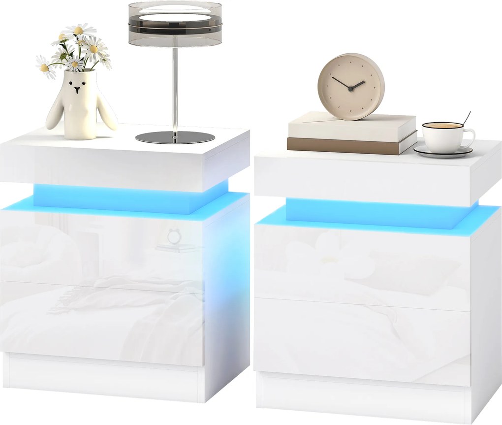 HOMCOM sada 2 LED nočních stolků s 16 barvami a 4 režimy, se 2 šuplíky, z dřeva, 45x35x52 cm, vysokolesklá bílá