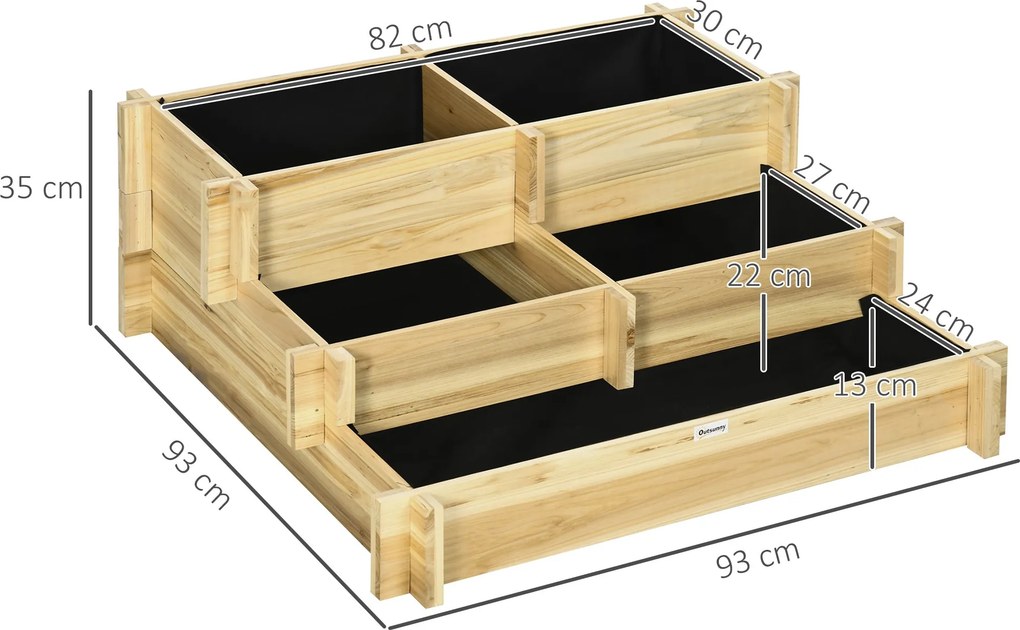 Zvýšený zahradní záhon Outsunny, dřevěný, tři úrovně, skleník s textilním podložením, květinový box na zeleninu 93x93x35 cm pro balkon, zahradu, truh…