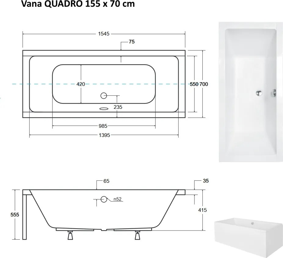 Besco Quadro obdélníková vana 155 x 70 cm bílá VANQAUD155 new