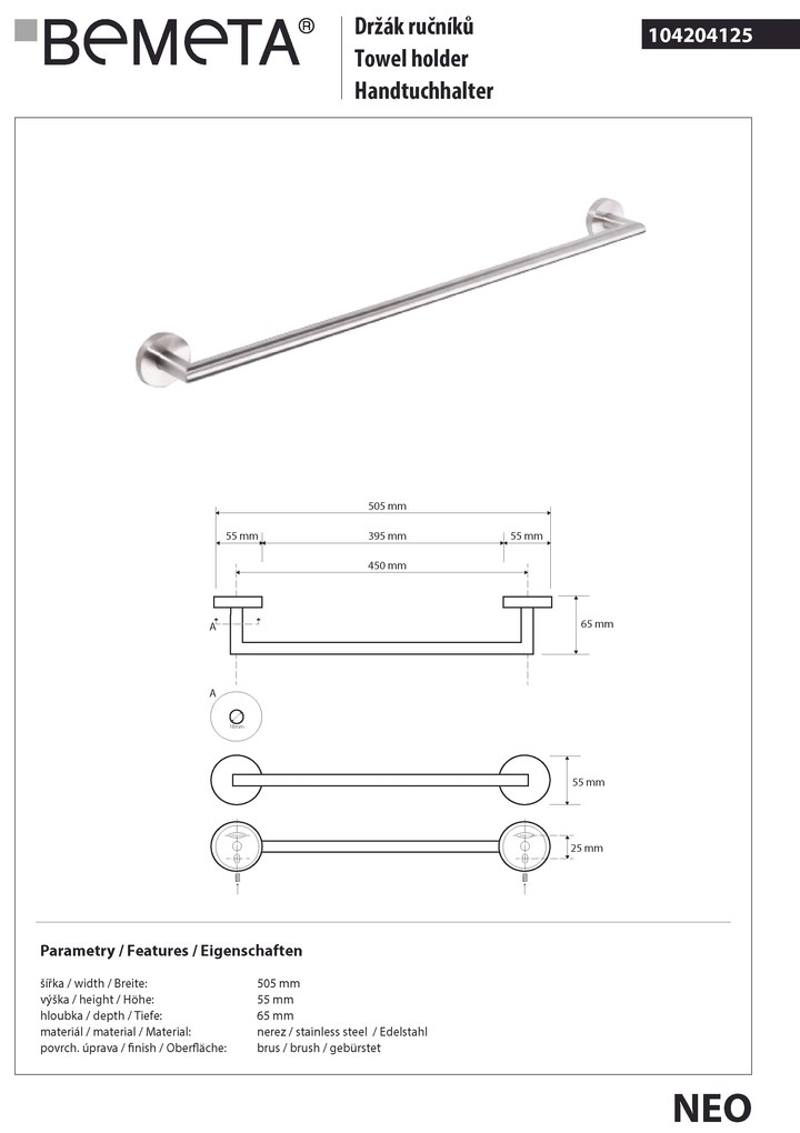 Bemeta Design NEO: Držák ručníků, 450 mm -