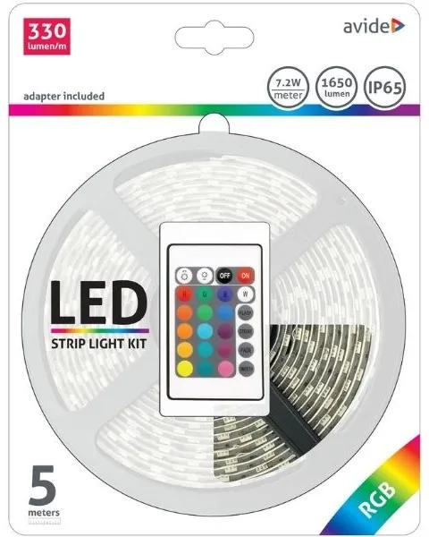 Set: voděodolný LED pásek 7,2W/m, RGB, délka 5m s ovladačem, dálkovým ovládáním a zdrojem