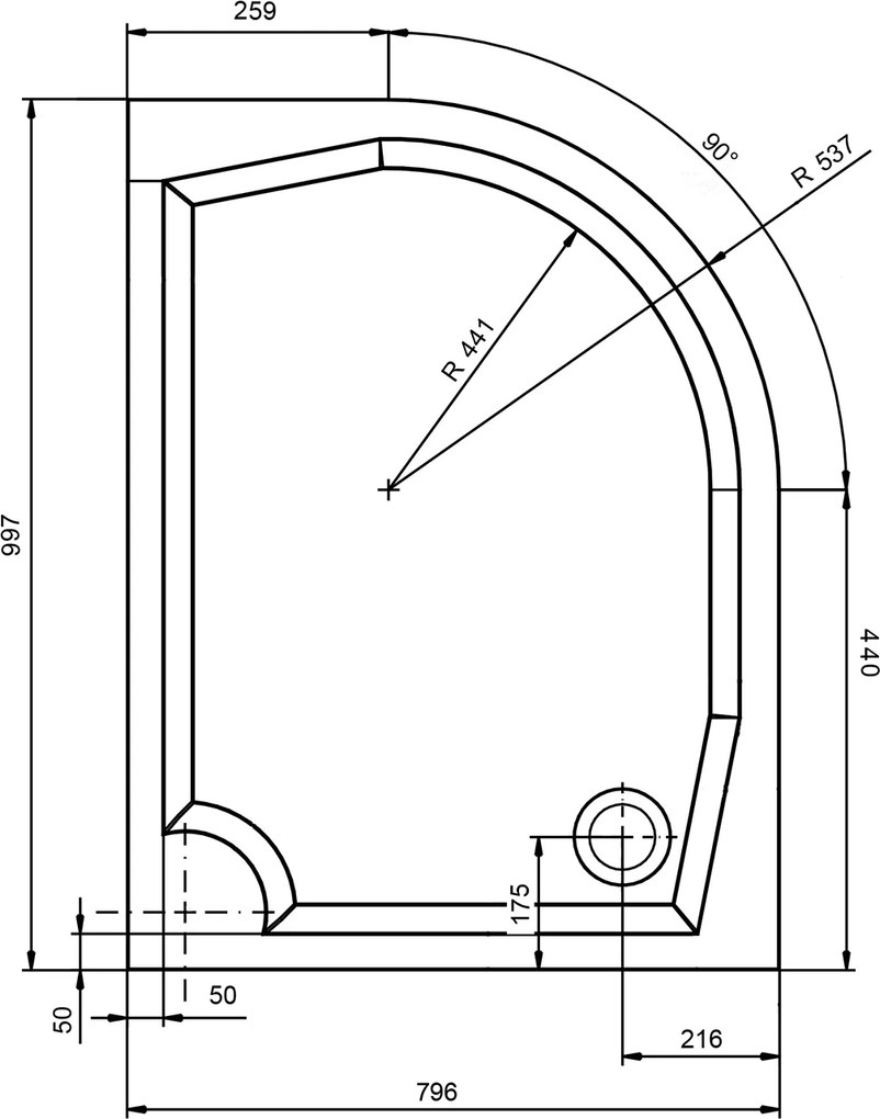 Gelco Riva GR10080L sprchová vanička z litého mramoru 100 x 80 x 4 cm čtvrtkruhová levá