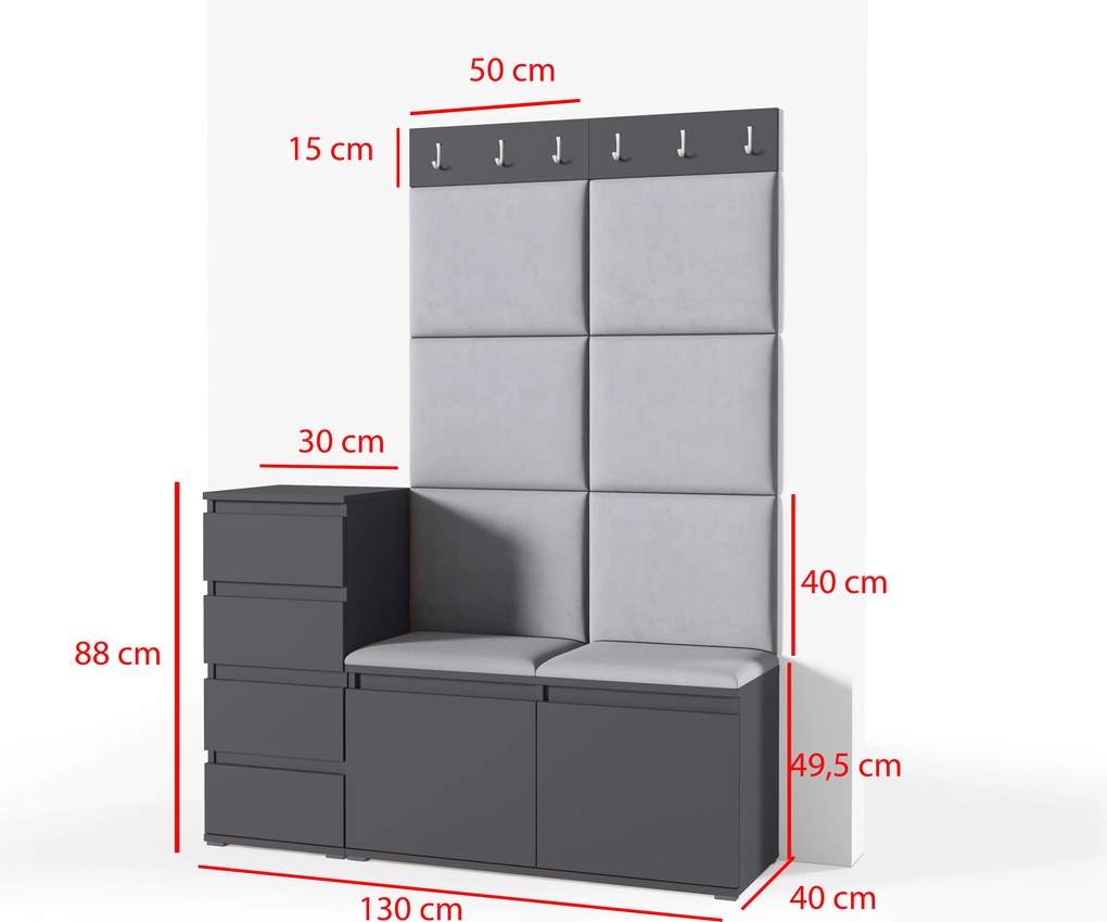 Eka Předsíňová stěna s čalouněnými panely Trinity 34 - Dub Artisan s černou /Tmavá šedá 2315