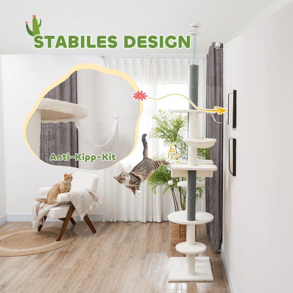 PawHut škrabadlo stropní vysoké, strom pro kočky, 225-255 cm škrabadlo pro kočky s houpacími sítěmi, škrabadla, košík, hrací míč, nábytek pro kočky s…