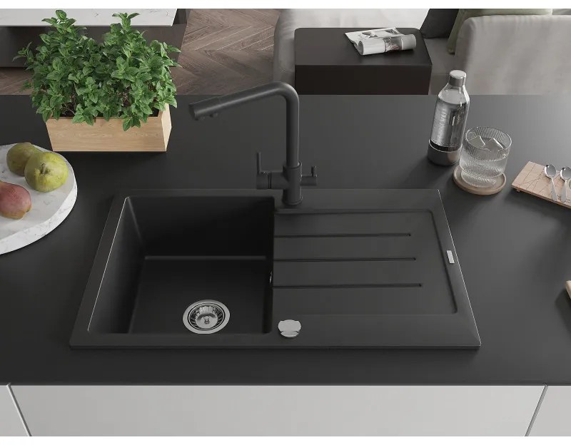 Mexen Bruno, 1-komorový granitový dřez s odkapávačem 795x495x200 mm a černá baterie Duero, černá, 6513-77-671600-70