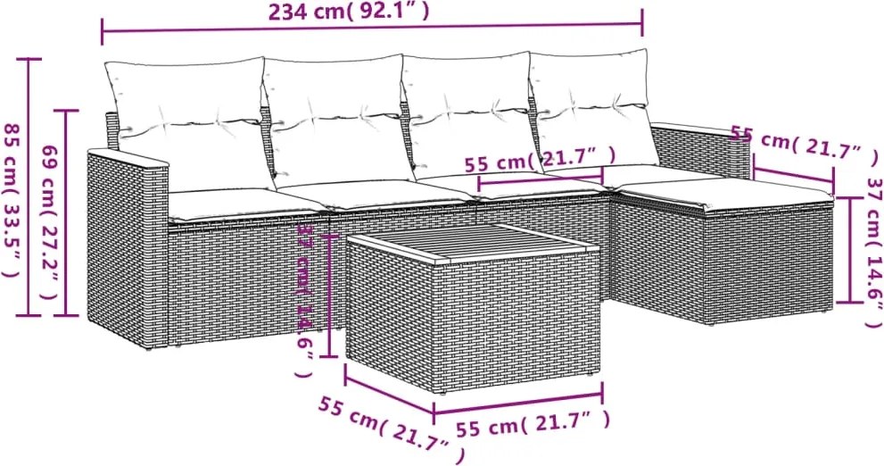 6dílná zahradní sedací souprava s poduškami černá polyratan 3258324