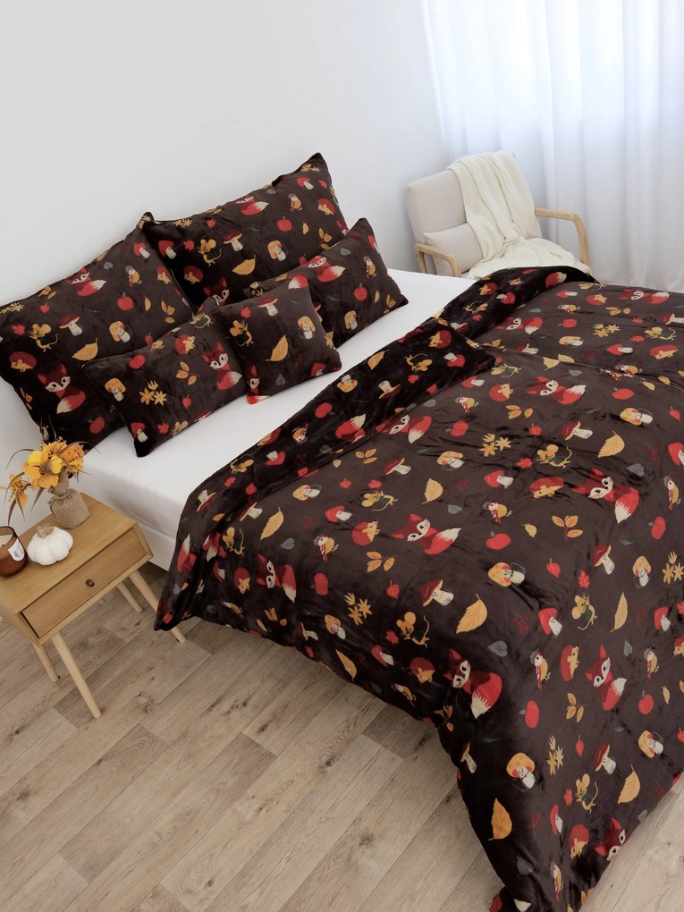 MK Lůžkoviny Francouzské mikroplyšové povlečení Exclusive - Podzimní les tmavě hnědé 220 × 200 cm, 2ks 70 x 90 cm
