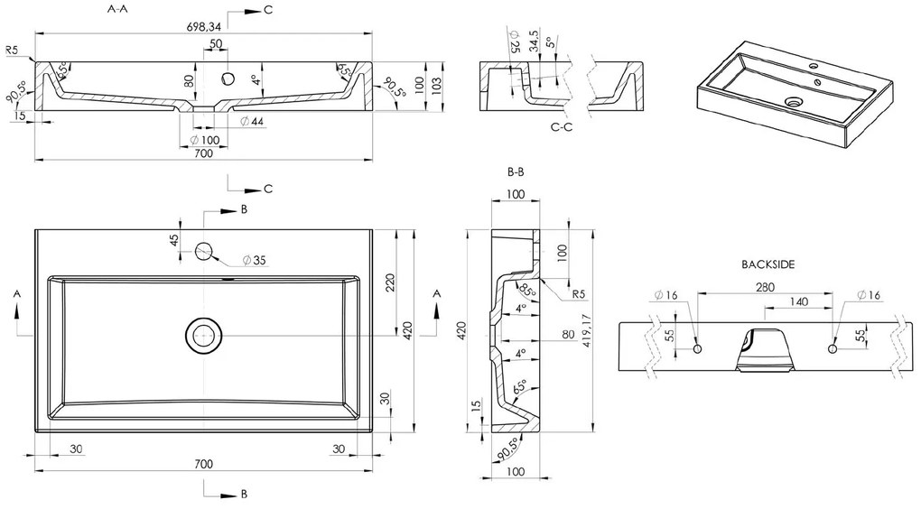 Sapho, ORINOKO umyvadlo 70x42cm, litý mramor, bílá, OR070