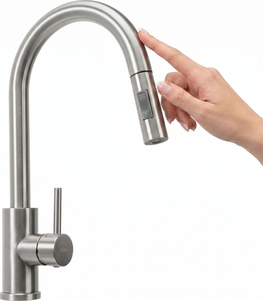 Rea Fresh Touch, vysoká kuchyňská baterie s výsuvnou 2-funkční sprškou, broušená ocel, REA-B6735
