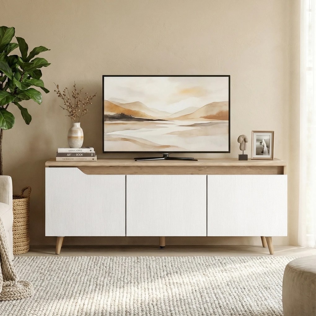 HOMCOM TV skříňka pro televize do 55" s 3 dveřmi a nastavitelnou policí – 5 borovicových nožiček, dub/bílá