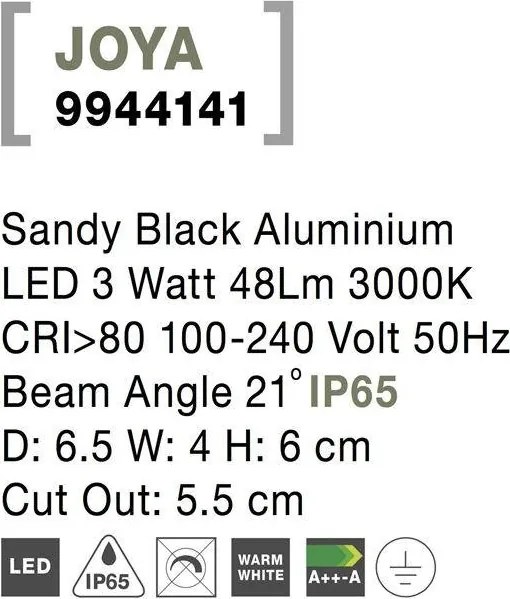 NV 9944141 Venkovní zapuštěné svítidlo do zdi JOYA černý hliník LED 3W 3000K 100-240V 21st. IP65 - NOVA LUCE