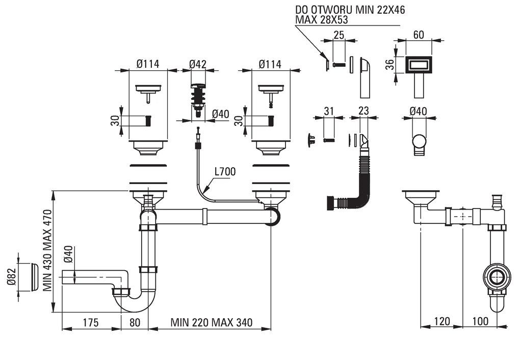Deante Deante, prostorově úsporný-sifon pro granitové kuchyňské dřezy 1,5/2-komorové, 3,5" s automatickou zátkou odpadu, černá, ZXY_N973