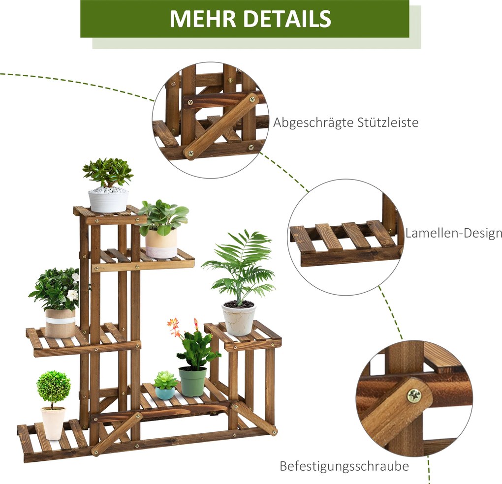 Outsunny police na rostliny z masivního dřeva, stojan na květiny, 6 úrovní, ohořelý, 98x28x96,5 cm, pro zahradu a balkon| Aosom